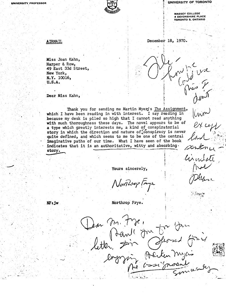 Northrop Frye letter – Martin Myers writes
